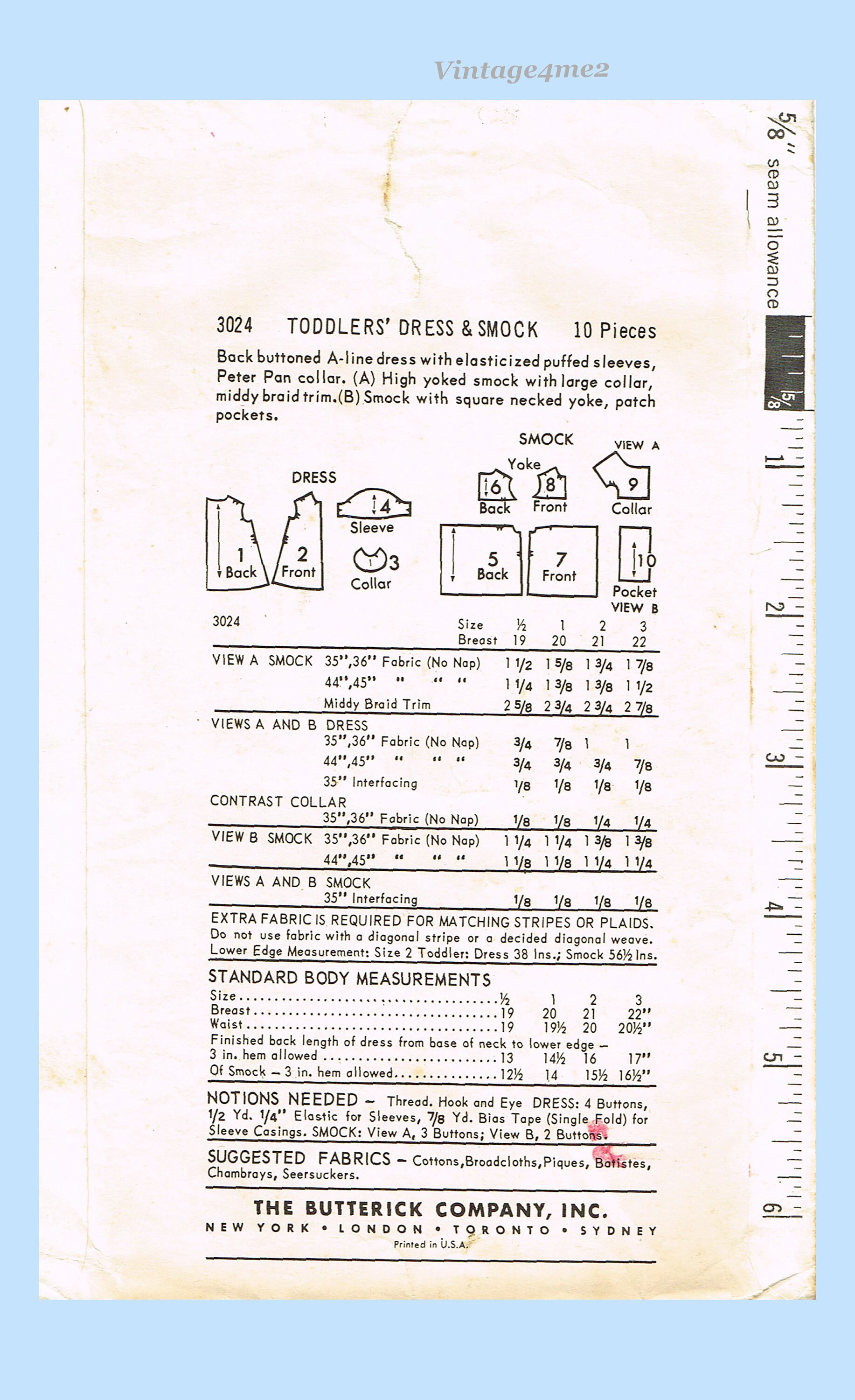 1960s Vintage Butterick Sewing Pattern 3024 Toddler Girls Dress & Smock ...