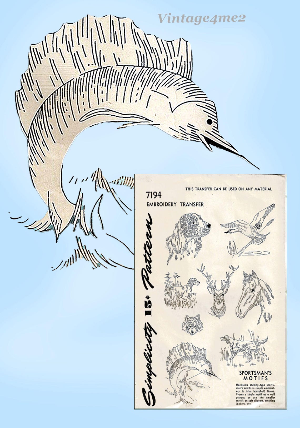 1940s Vintage Simplicity Embroidery Transfer 7194 Uncut Fishing Hunting ...