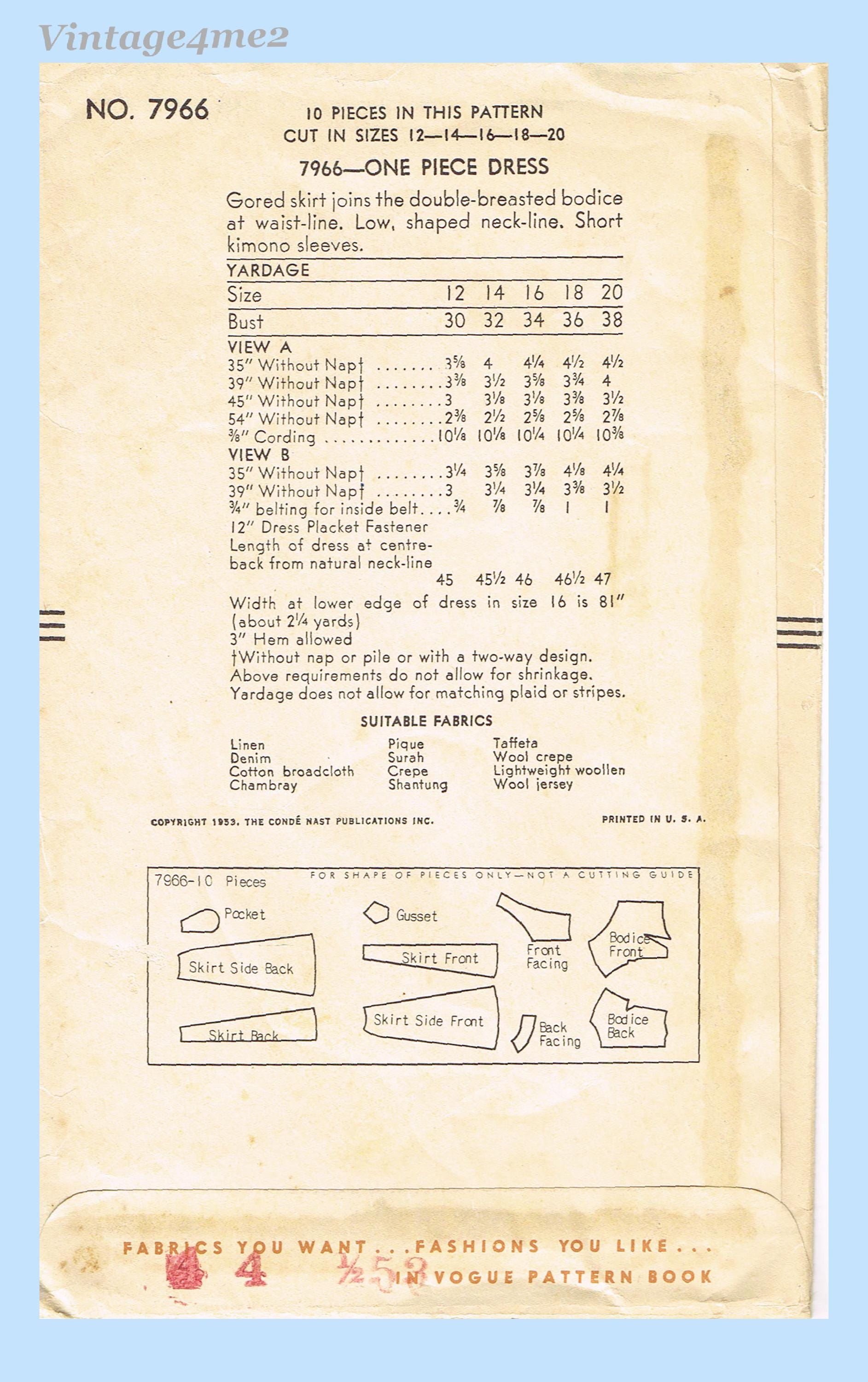 Vogue 7966: 1950s Uncut Misses Button Front Dress 32 B Vintage Sewing ...