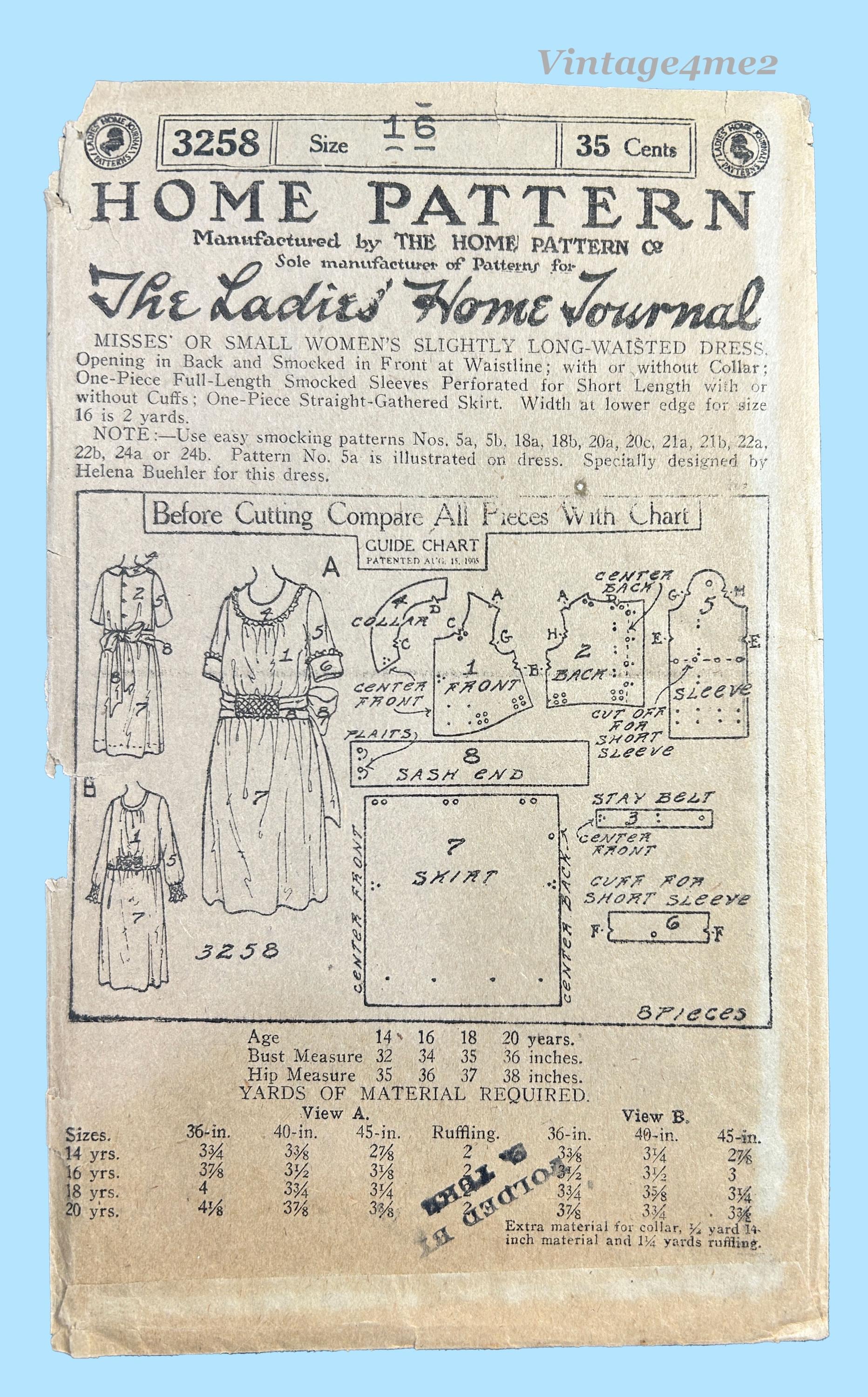 Ladies Home Journal 3258: 1920s Uncut Misses Dress Sz 34 B Vintage ...