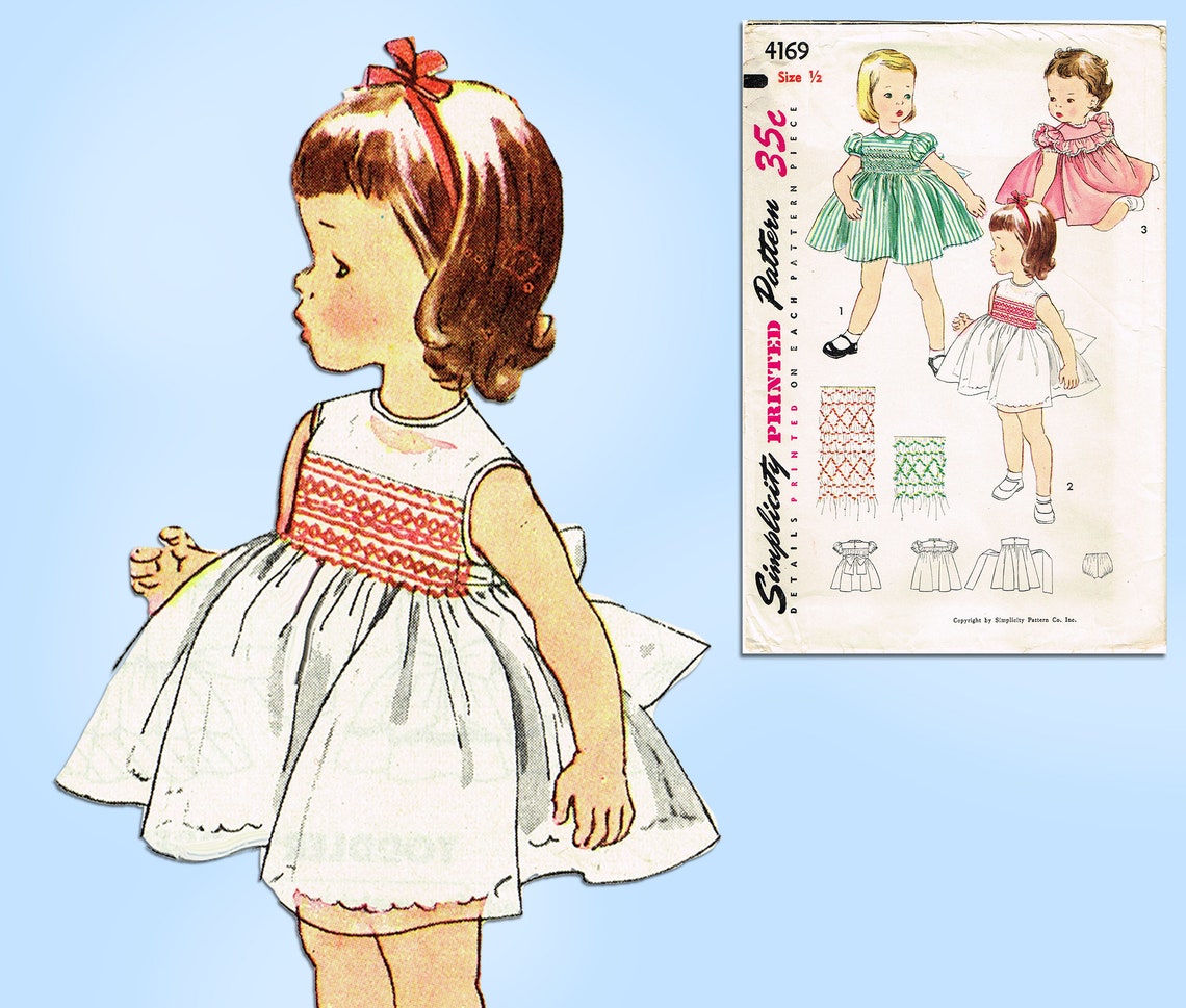 1950s Vintage Simplicity Sewing Pattern 4169 Toddler Girls Smocked ...