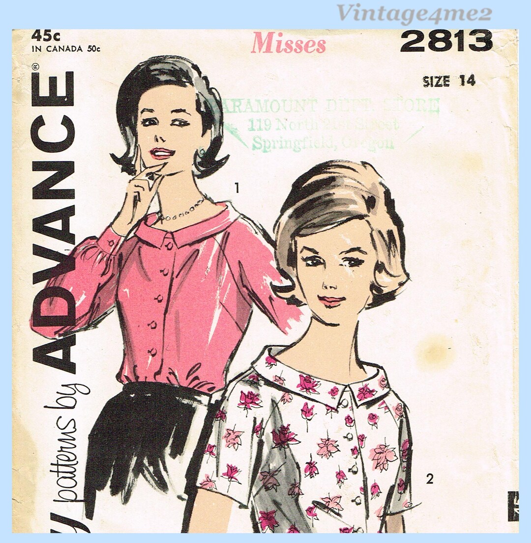 1960s Vintage Advance Sewing Pattern 2813 Charming Uncut Misses Blouse ...
