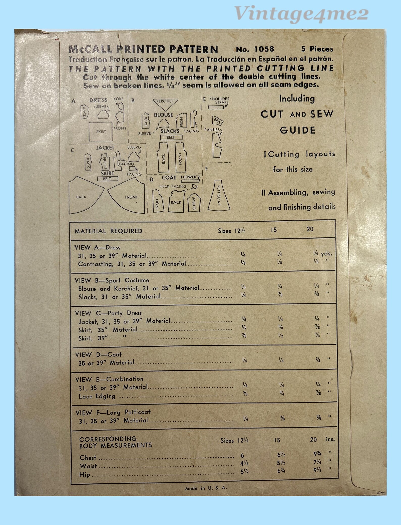 1940s Vintage Mccall Sewing Pattern 1085 Rare 15in Manikin Display Doll ...