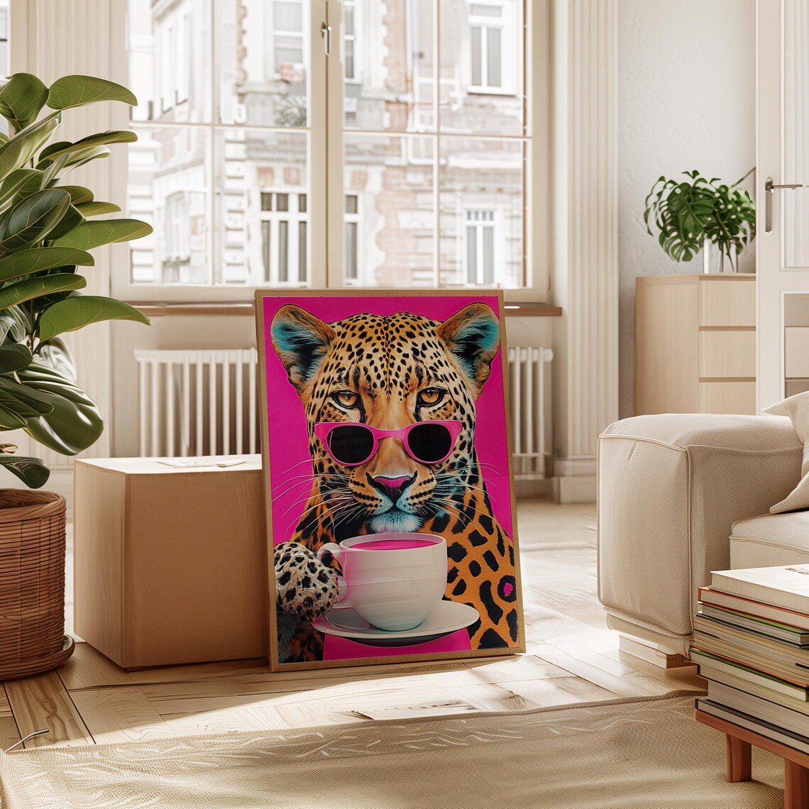 Leopard Drinking Coffee Art Print: Maximalist Kitchen Decor (digital ...