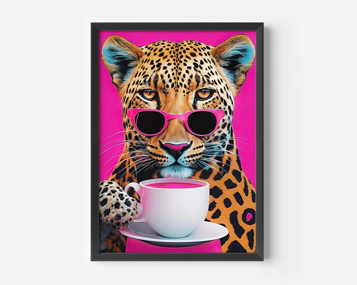 Leopard Drinking Coffee Art Print: Maximalist Kitchen Decor (digital ...