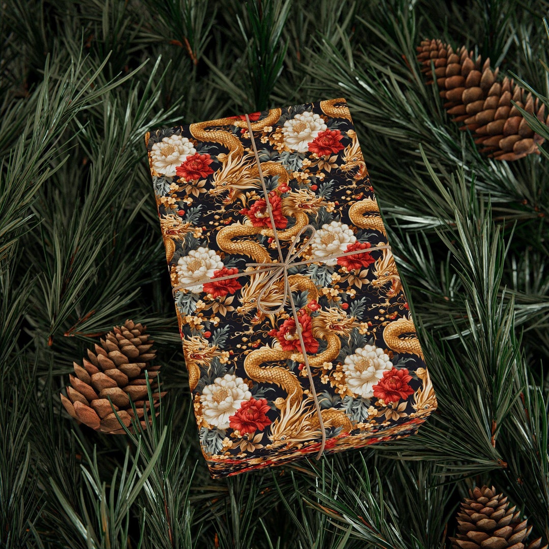 Chinoiserie Wrapping Paper, Chinese Golden Dragon Gift Wrap ...