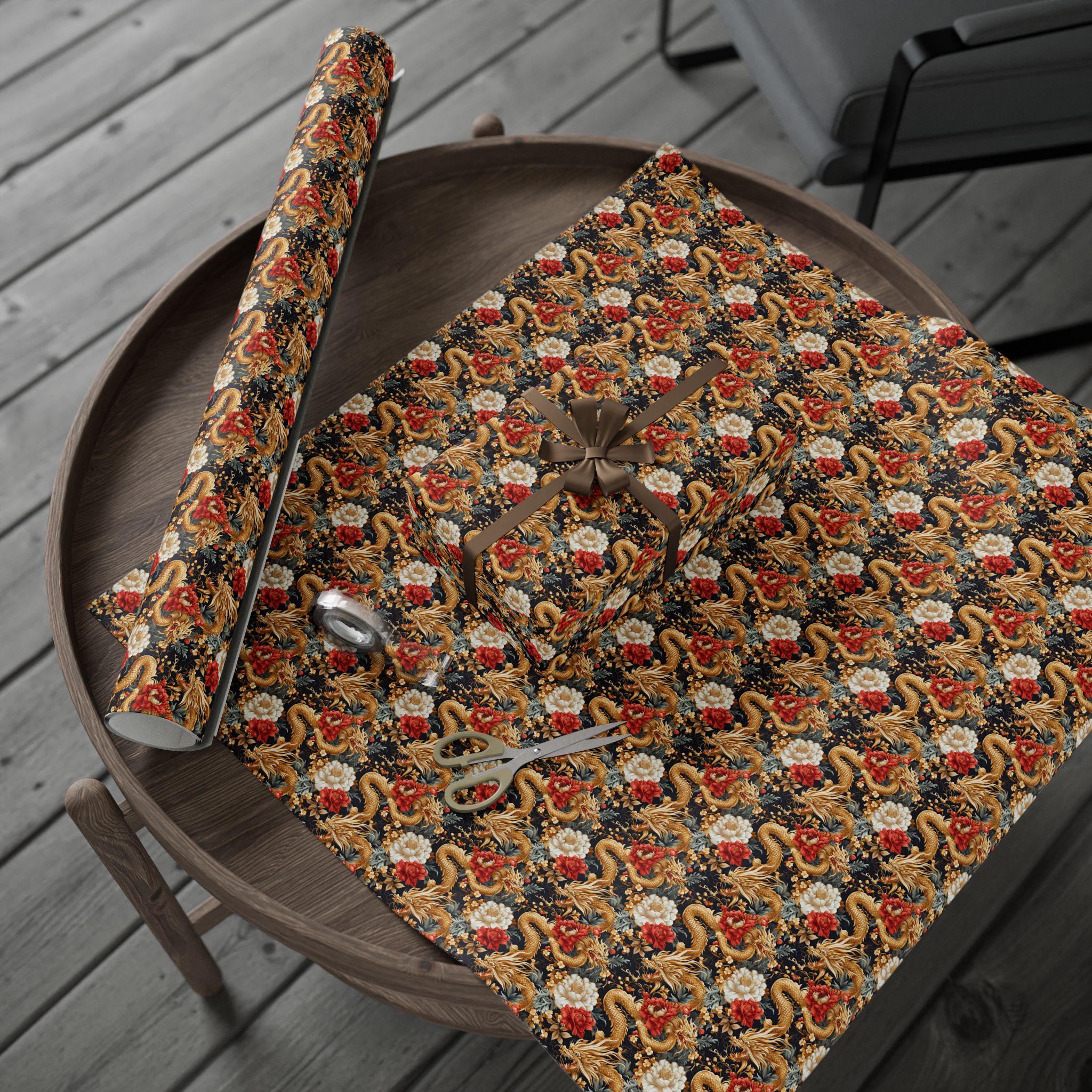 Chinoiserie Wrapping Paper, Chinese Golden Dragon Gift Wrap ...