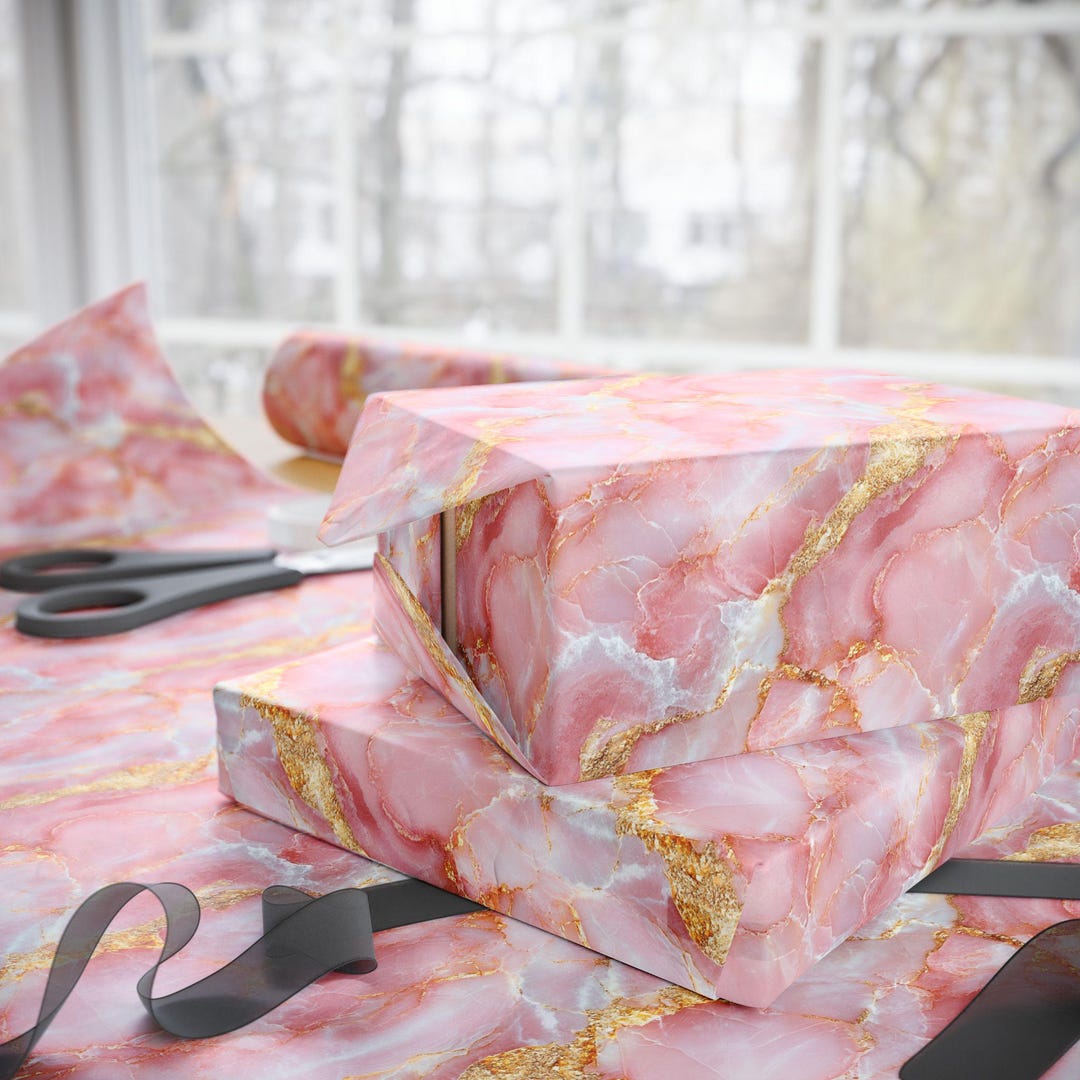 Pink Marble Wrapping Paper, Pink and Gold Marble Look Gift Wrap, Pink ...