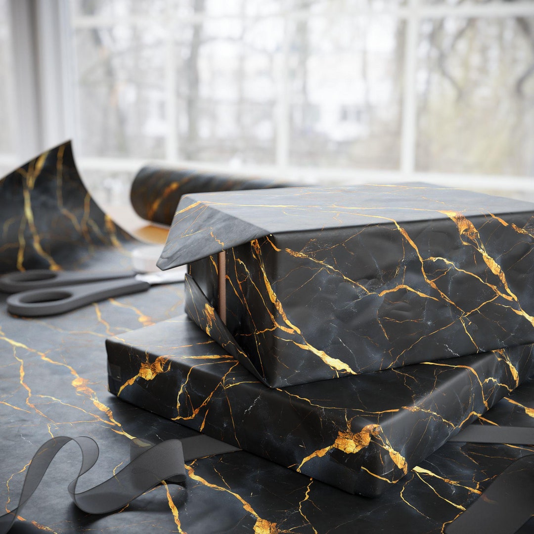 Black Marble Wrapping Paper, Black and Gold Marble Look Gift Wrap ...