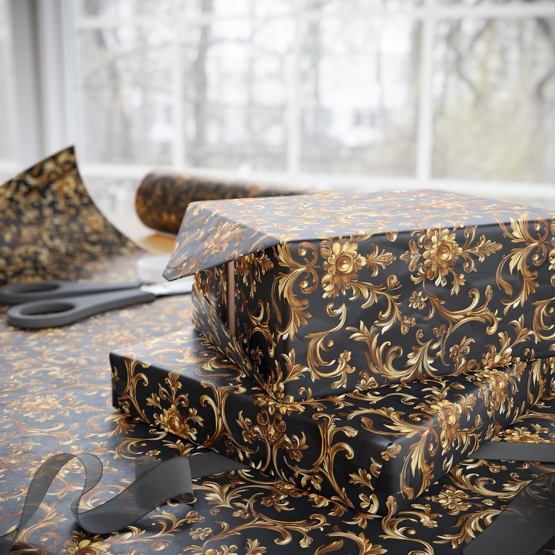 Baroque Wrapping Paper, Baroque Gift Wrap, Black and Gold Baroque ...