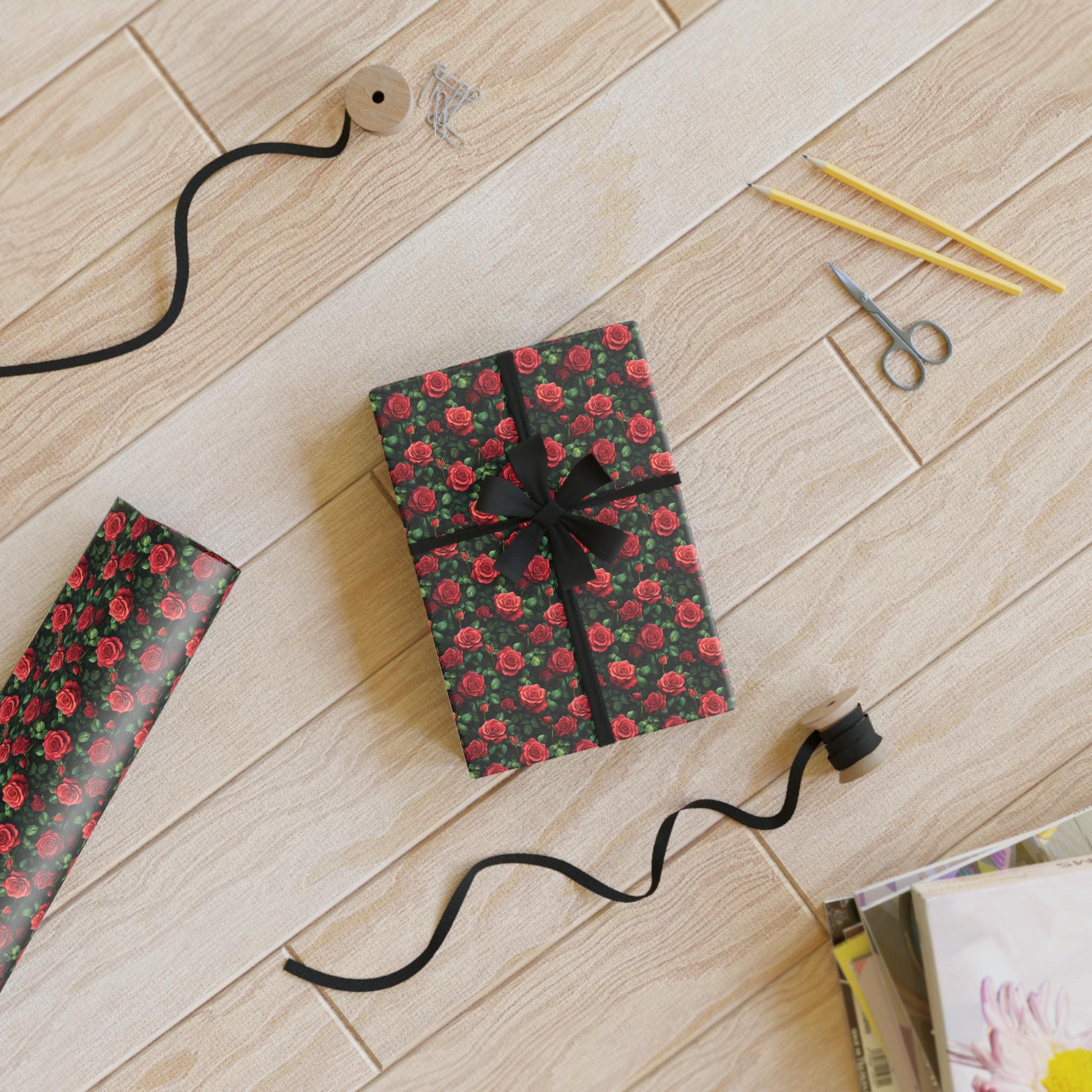 Red Rose Wrapping Paper, Romantic Red Rose Gift Wrap, Red Rose Pattern ...
