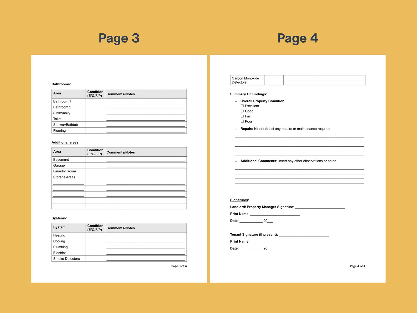 Printable Rental Inspection Report: Move-in/out Checklist Template (PDF ...