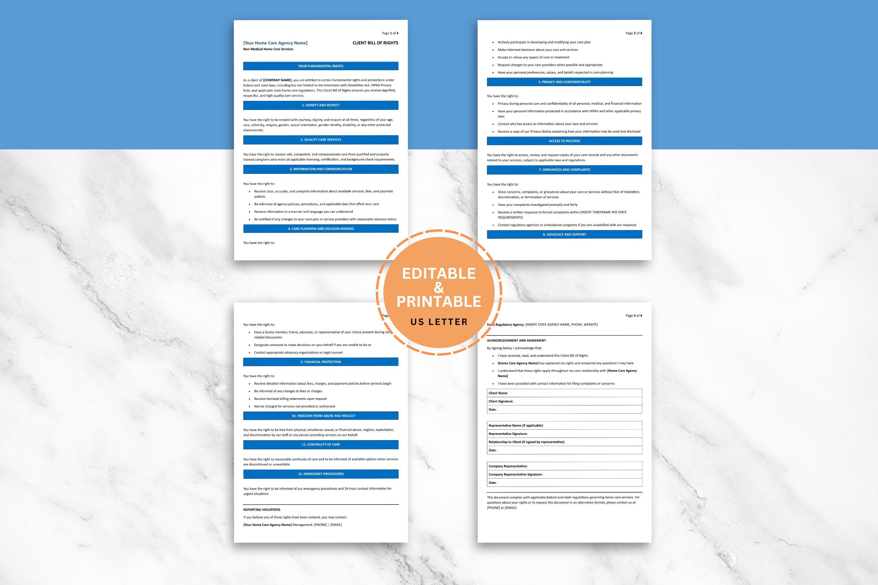 Home Care Client Bill of Rights Template: Editable Word & Printable PDF ...