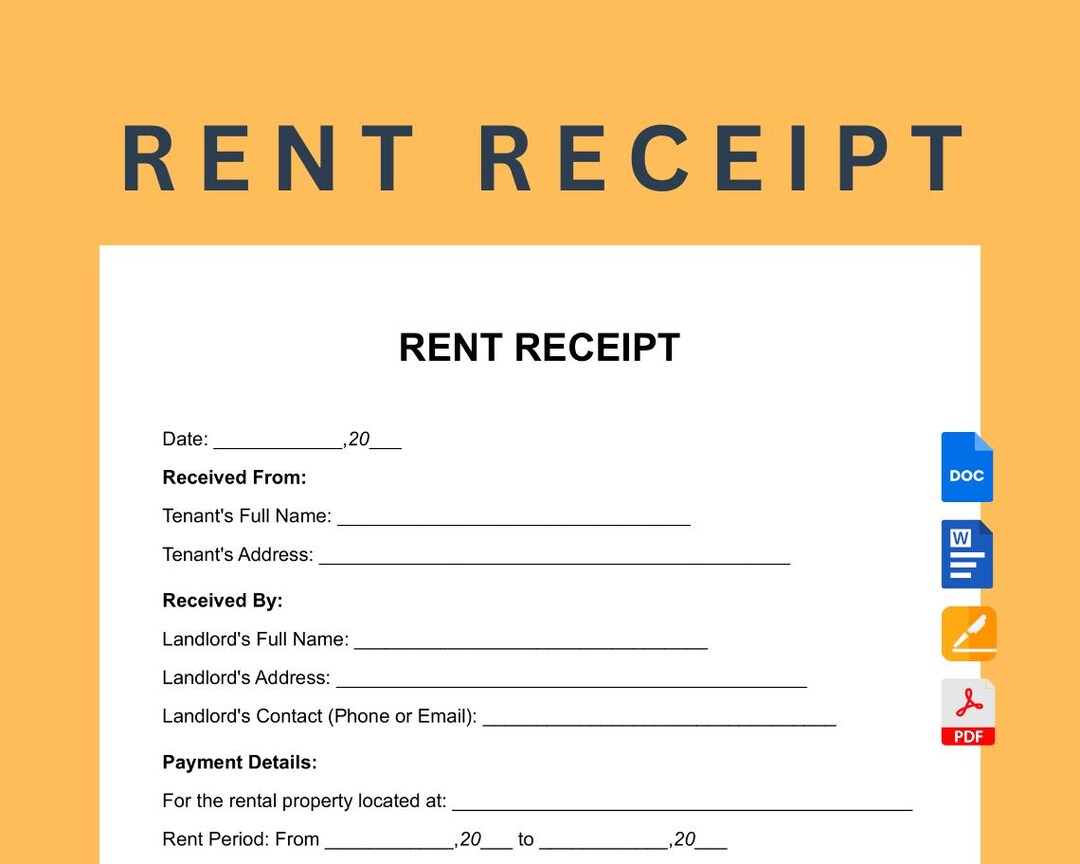 Printable Rent Receipt Template, Editable PDF & Word, Instant Download ...