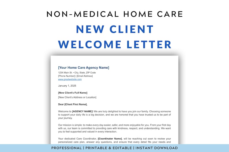 Home Care Client Welcome Letter Template: Editable & Printable (digital ...