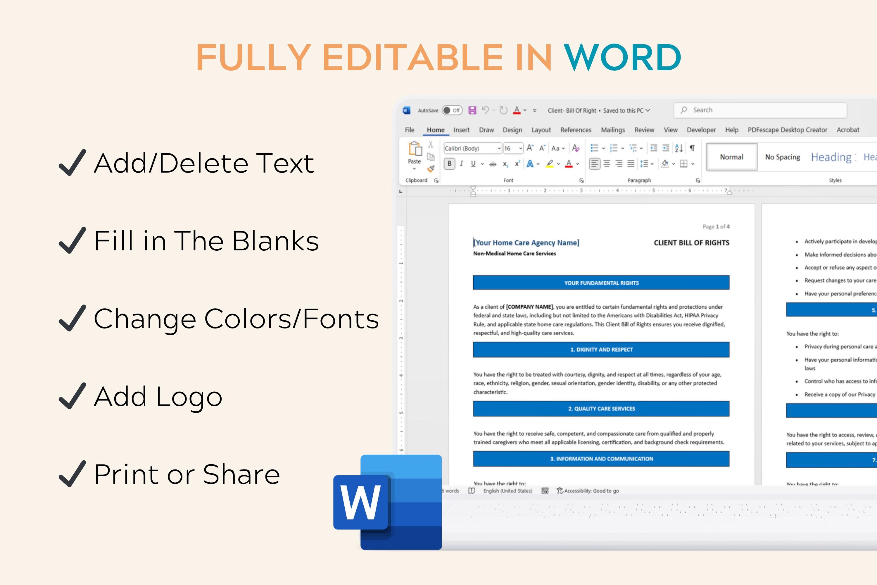 Home Care Client Bill of Rights Template: Editable Word & Printable PDF ...