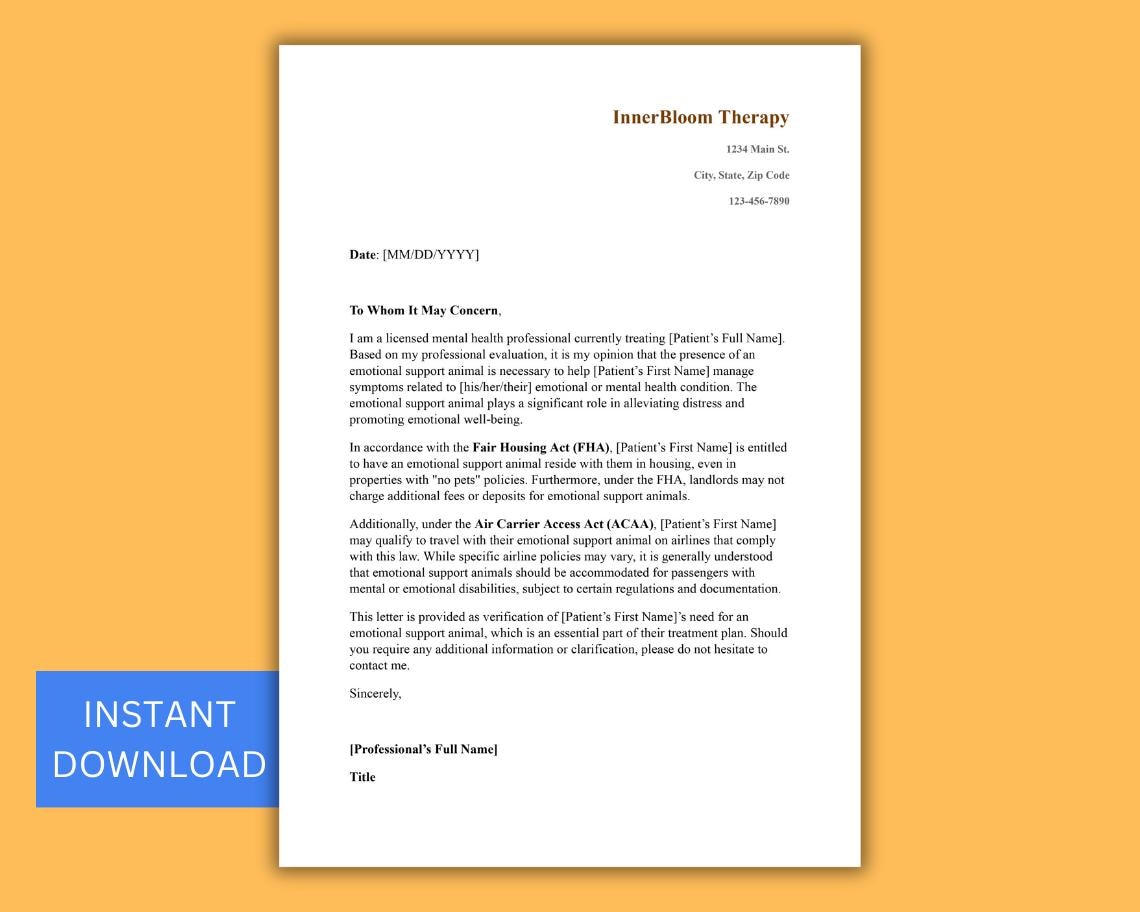 Editable Emotional Support Animal Letter Template (PDF, Word, Google ...