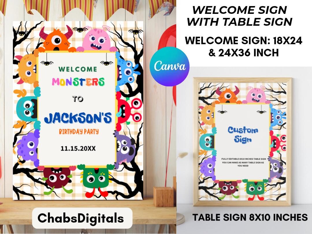 Editable Monster Welcome Sign Template, Monster Birthday Custom Sign ...