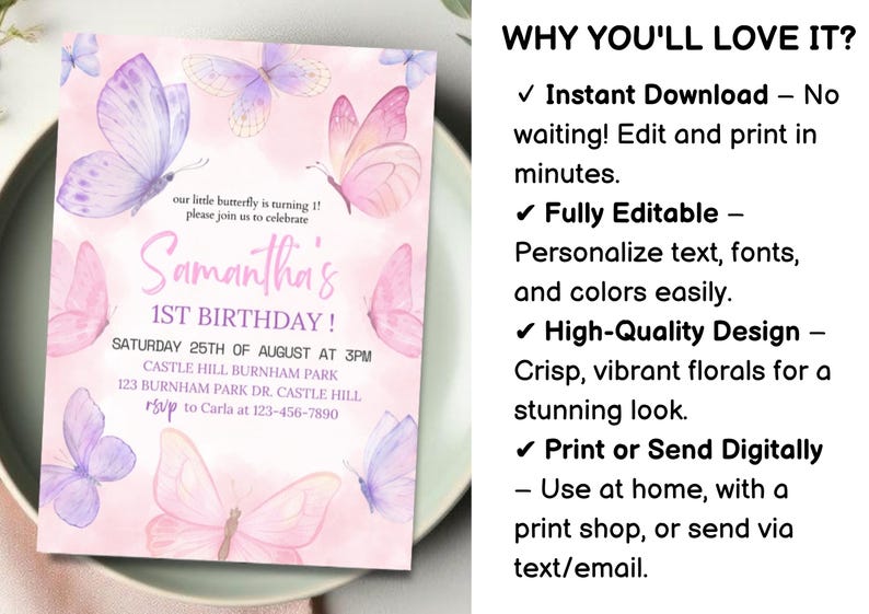 Butterfly Birthday Invitation | Editable Canva Template | Instant ...