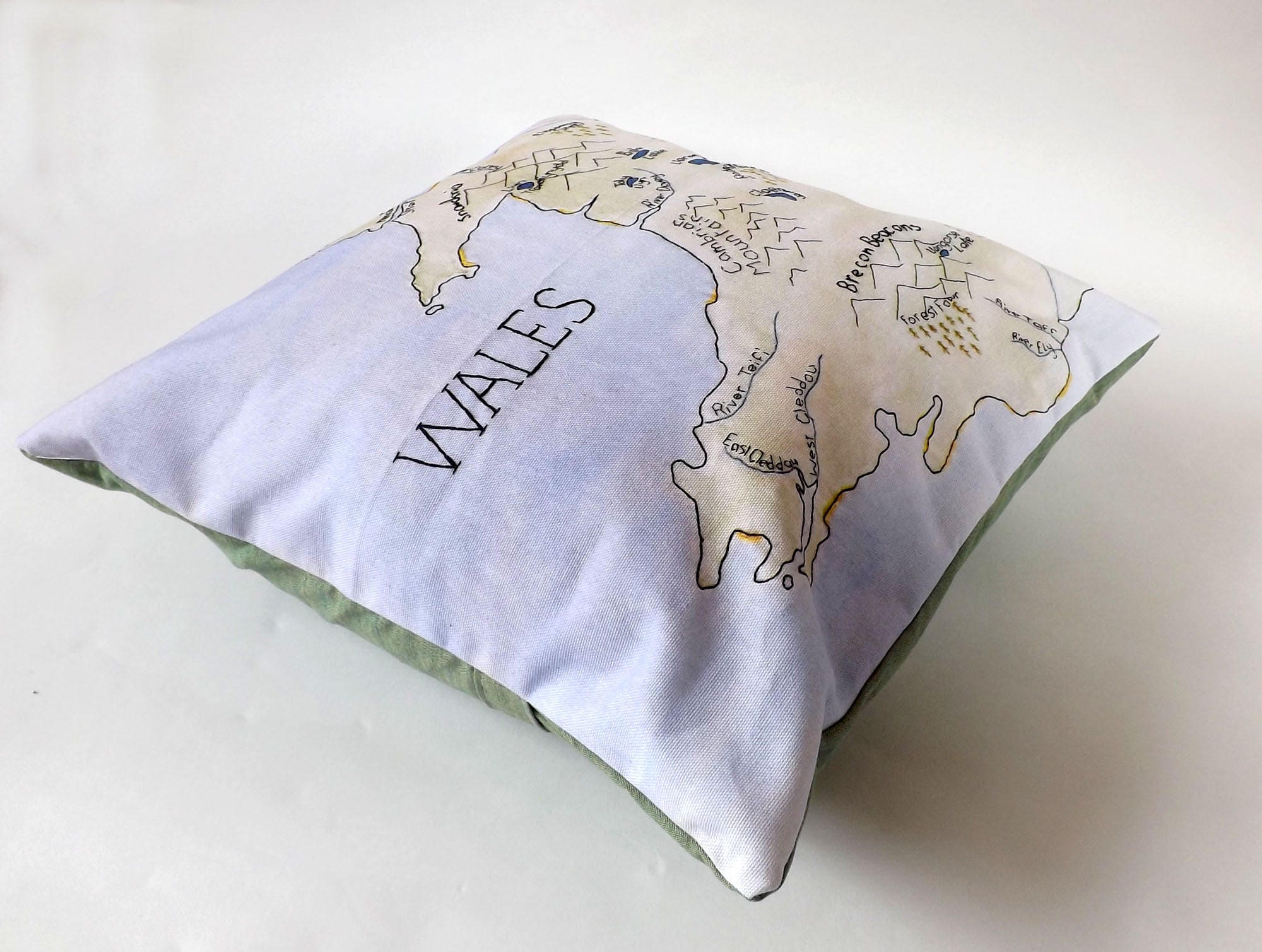 Wales Map Printed and Embroidered Cushion Cover With Green Backing ...
