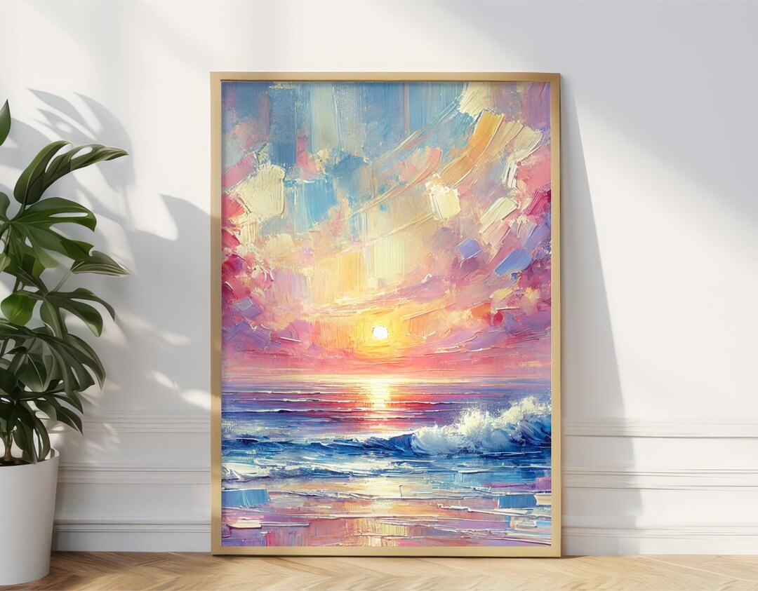 Vibrant Abstract Sunset Over Ocean Painting - Pastel Colors & Bold ...
