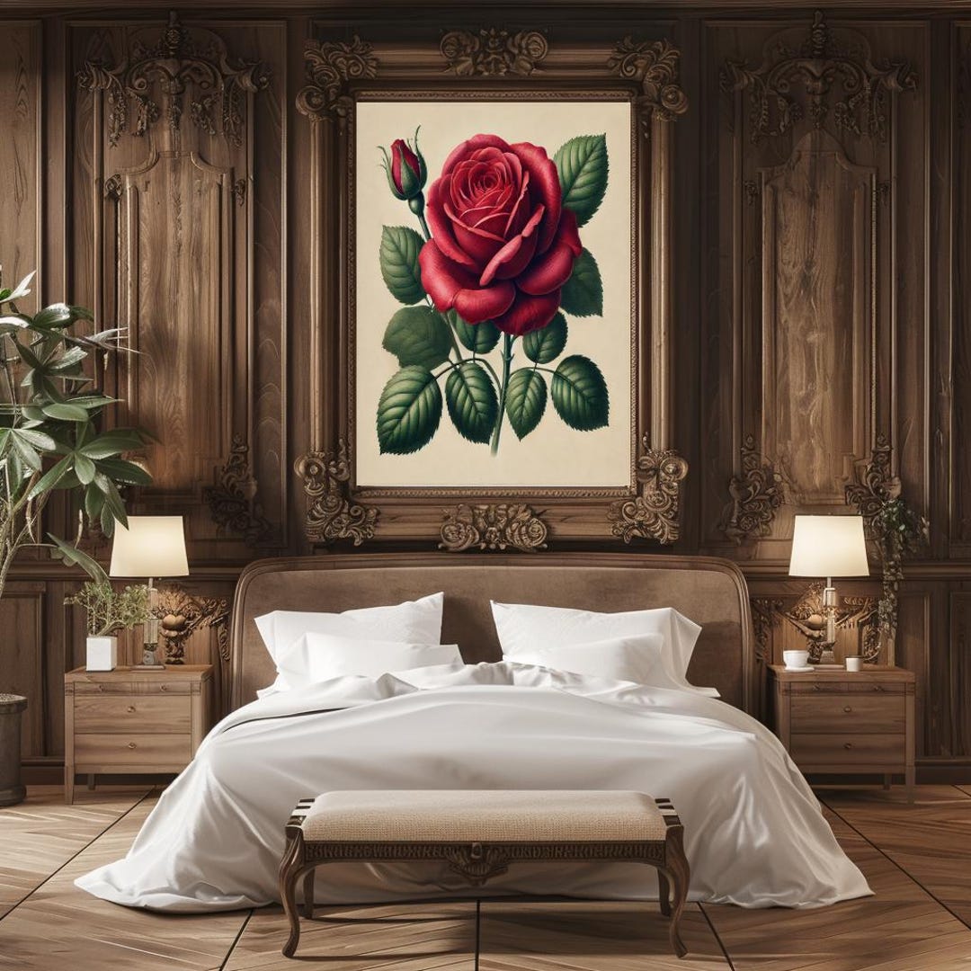 Vintage Red Rose Botanical Art Print | Hyper-realistic Floral ...