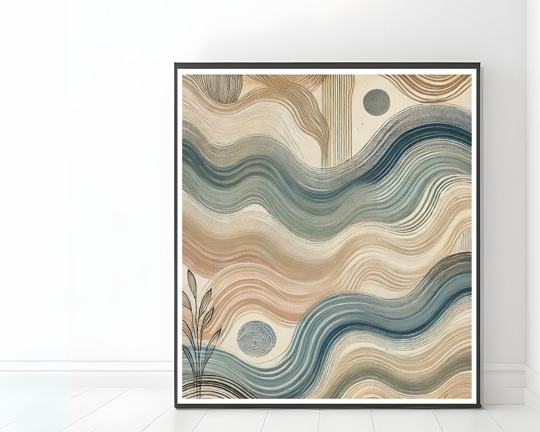 Boho Minimalist Abstract Art - Neutral and Blue Wave Design With ...