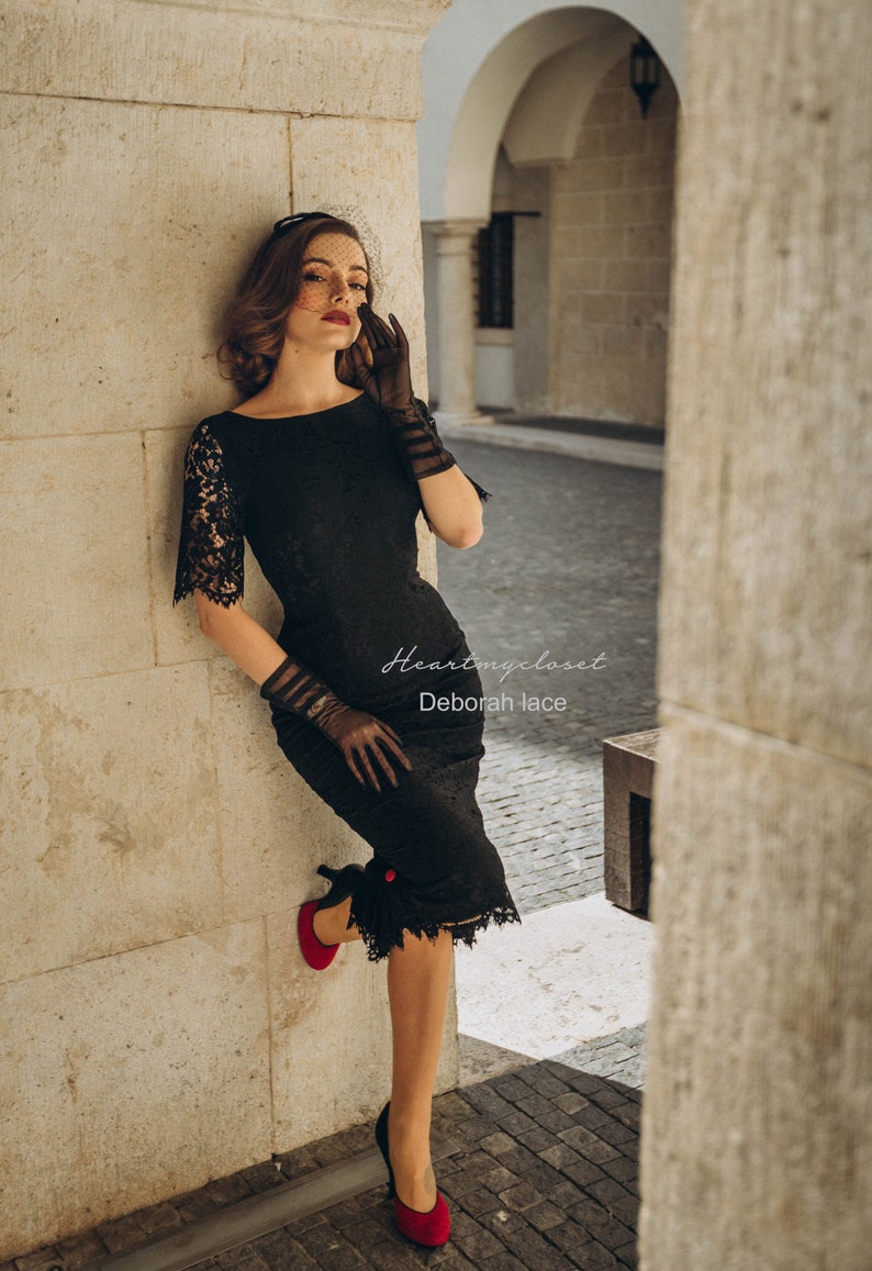 Lace Deborah Bleistift Plissee Knopf zurück vintage Kleid inspiriert ...