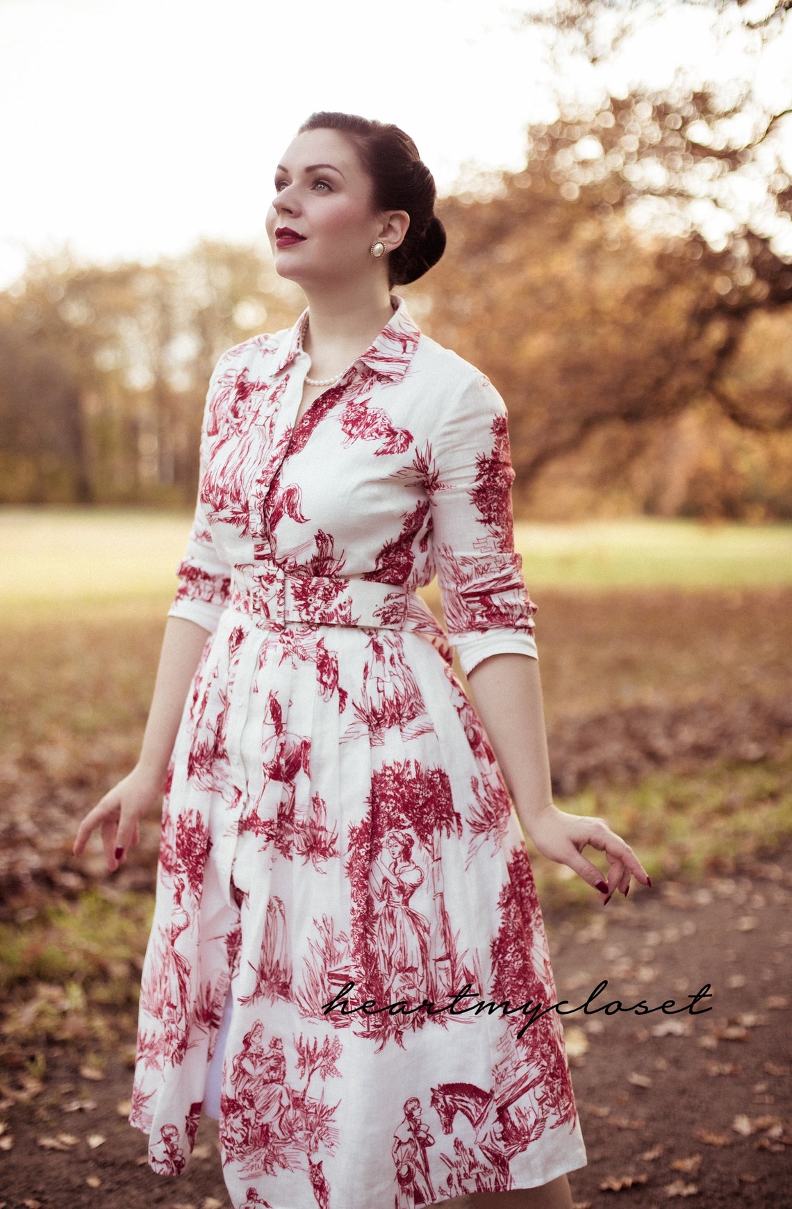 100% LINEN Red Toile De Jouy Shirt Dress - Etsy