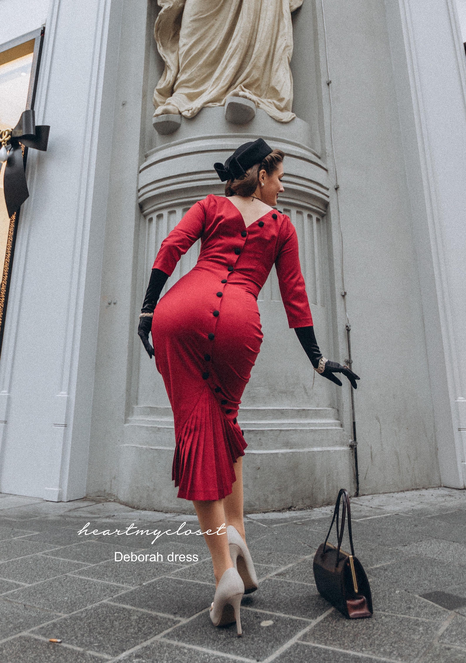 Deborah - Red Pencil Pleated Button Back Vintage Dress Inspired From ...