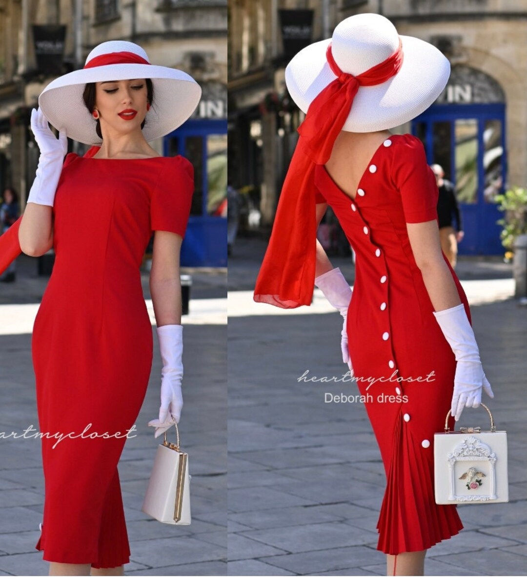 Deborah SHORT SLEEVE Pencil Pleated Button Back Vintage Dress Inspired ...