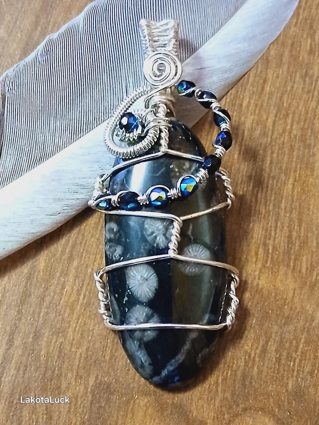 Black FOSSIL Stone Wire Wrapped by NATIVE American Rosebud Lakotaluck ...