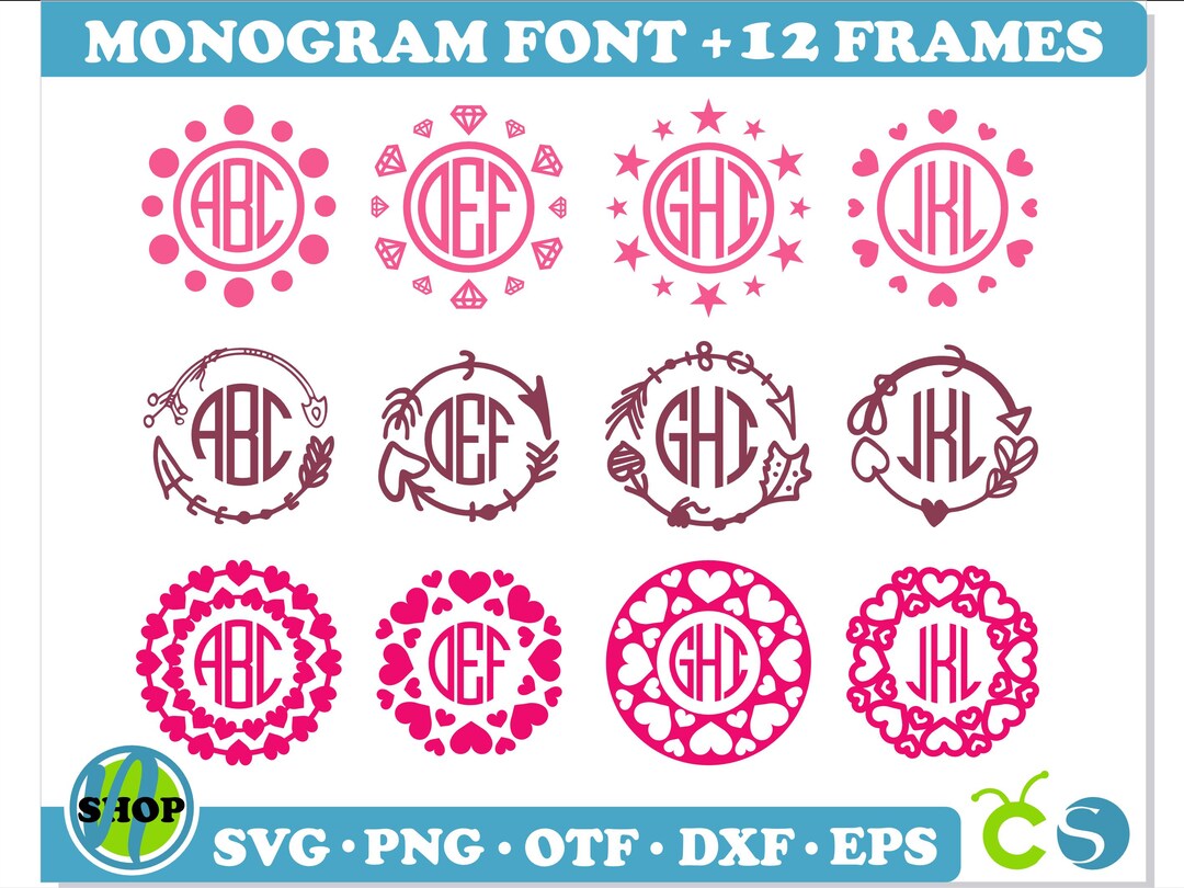 Circle Monogram Font + 12 Monogram Frames SVG | Monogram Font TTF SVG ...