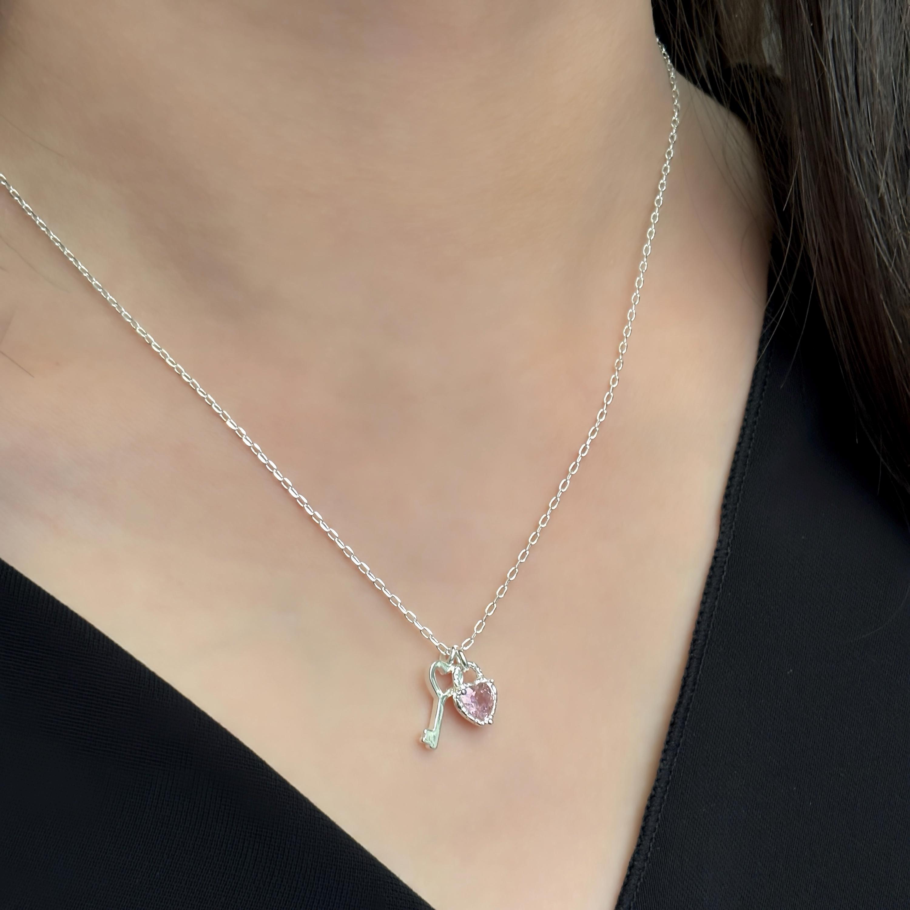 Pink Diamond Heart Pendants Necklace, Minimalist 925 Silver Necklace ...