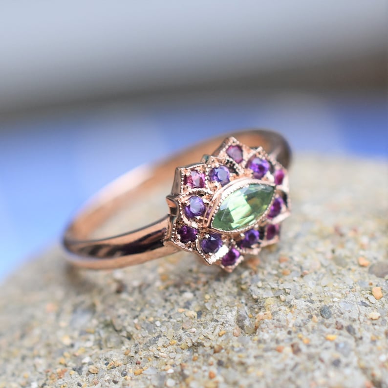 Russian Demantoid and Sapphire Ring Double Petal Ring in 14kt - Etsy