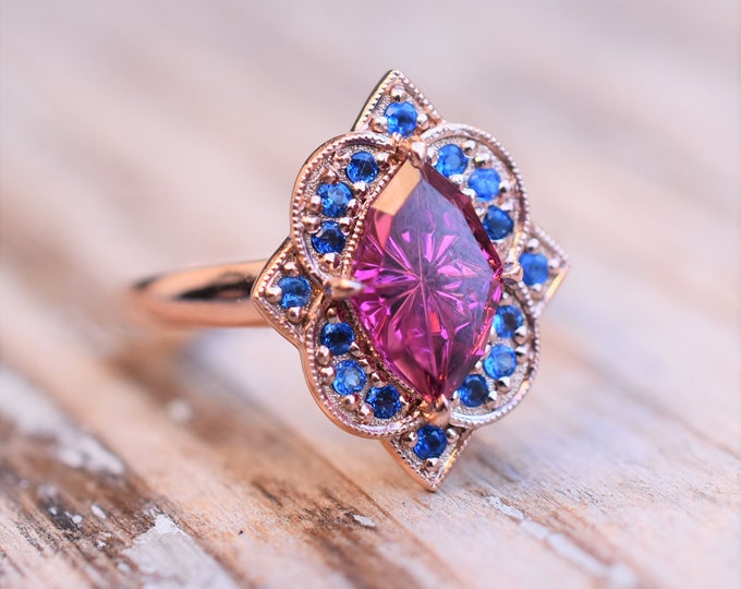 Pink Tourmaline and Hauyne Ring, Madagascan Liddicoatite Statement Ring ...