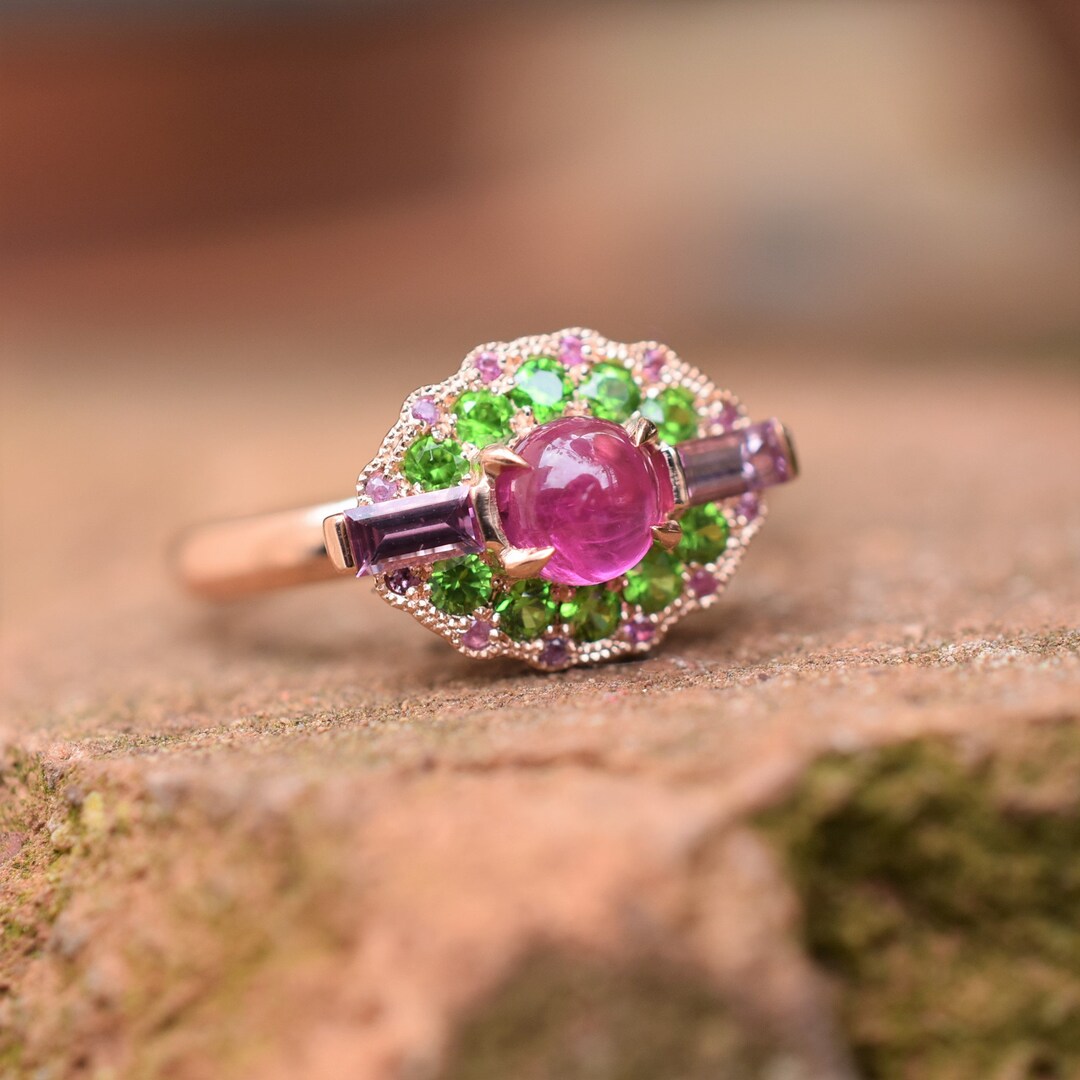 Grace Ring With Greenland Ruby, Sapphire, Demantoid Garnet, Pink Gem Cabochon Ring, Conflict ...