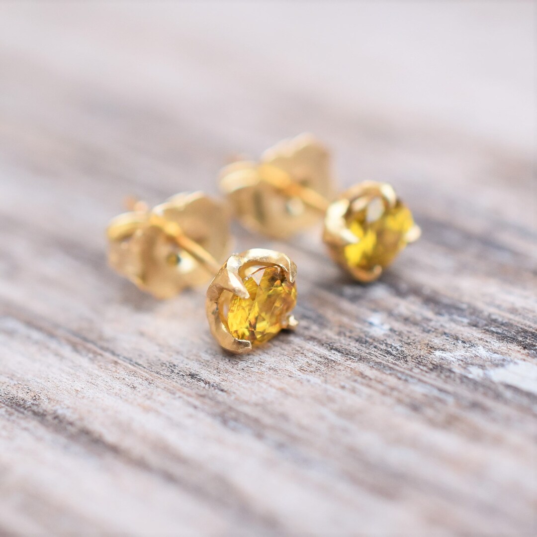 Sphene Stud Earrings in 14kt Yellow Gold, Yellow Gem Earrings, 4mm ...