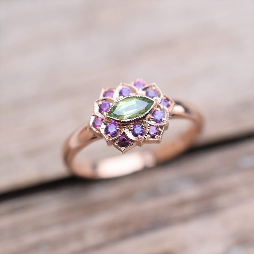 Russian Demantoid and Sapphire Ring, Double Petal Ring in 14kt Rose ...
