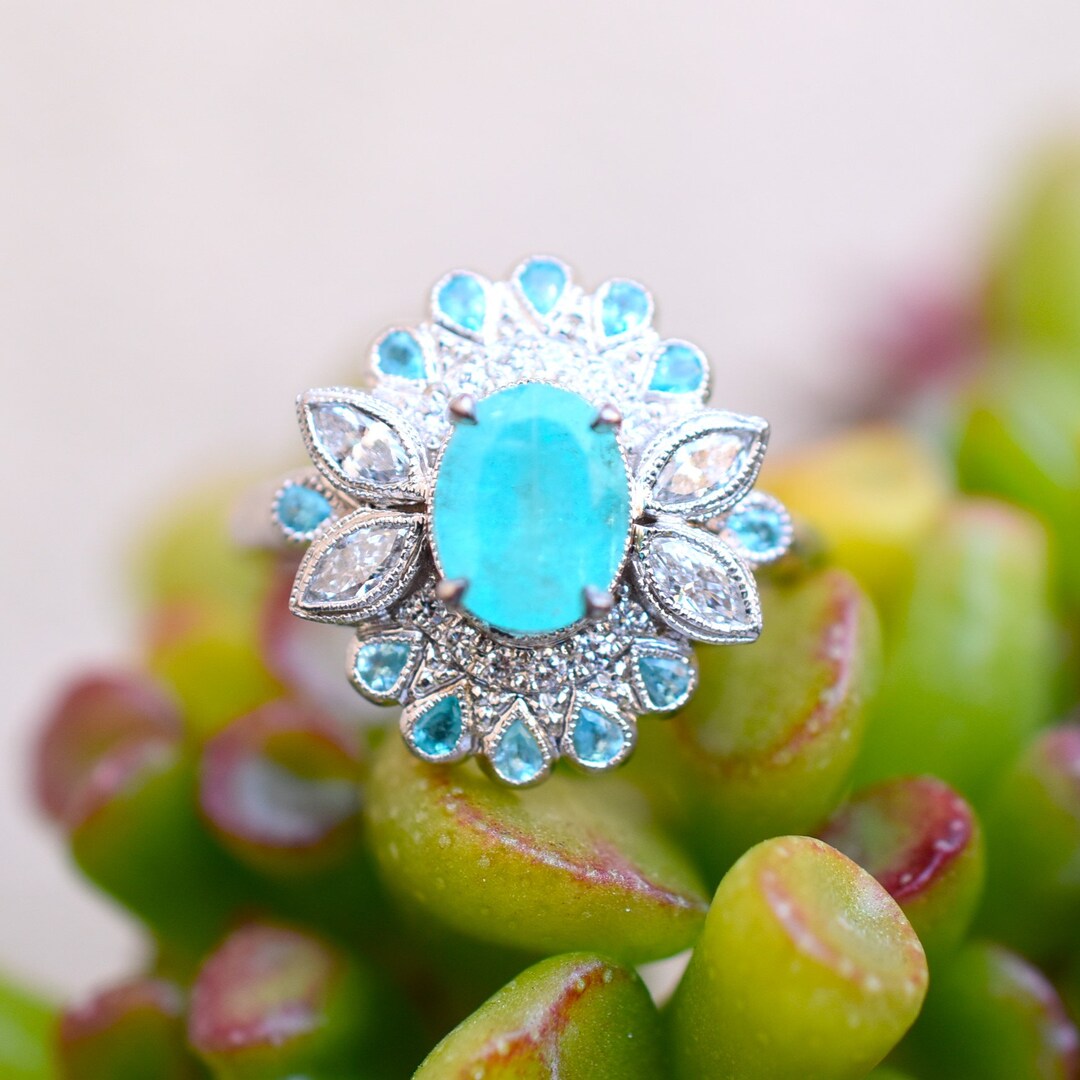 Brazilian Paraiba & Diamond Ring: 14kt White Gold Art Deco Statement ...