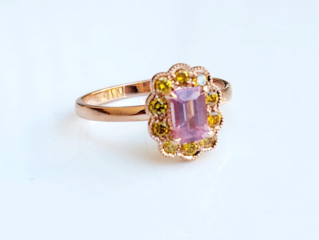 Rose Gold Spinel Ring: Emerald Cut Spinel, Yellow Diamond Pave Set - Etsy