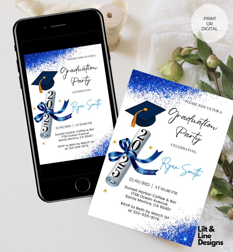 Graduation Party Invitation, Class of 2025 Invite, Blue Graduation ...