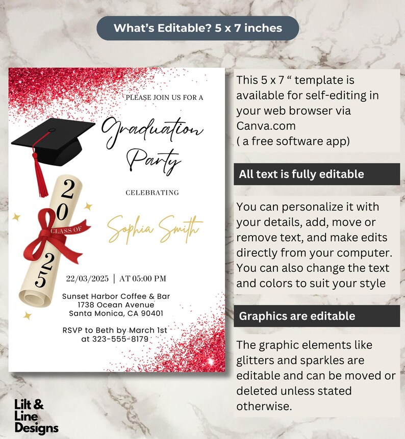 Editable Graduation Invitation 2026, Red Black Grad Party Invitation ...