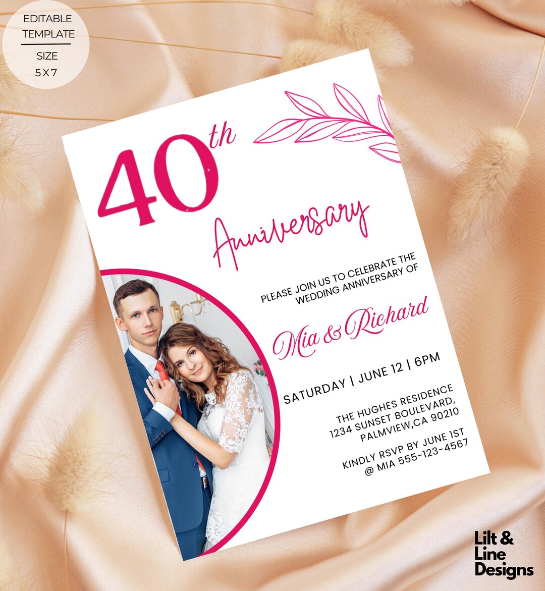 Ruby Wedding Anniversary Invitation Printable 40th Anniversary Party ...