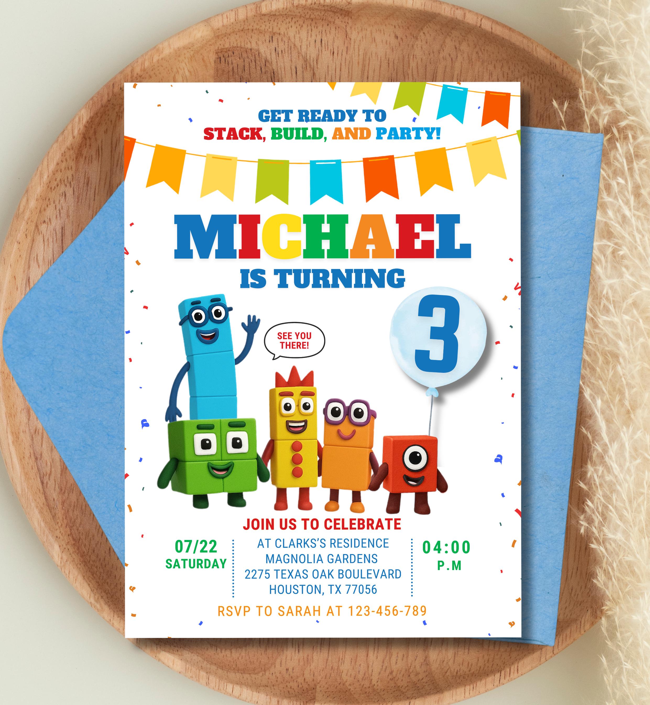 Editable Number Blocks, Birthday Invitation, Number Blocks Birthday ...