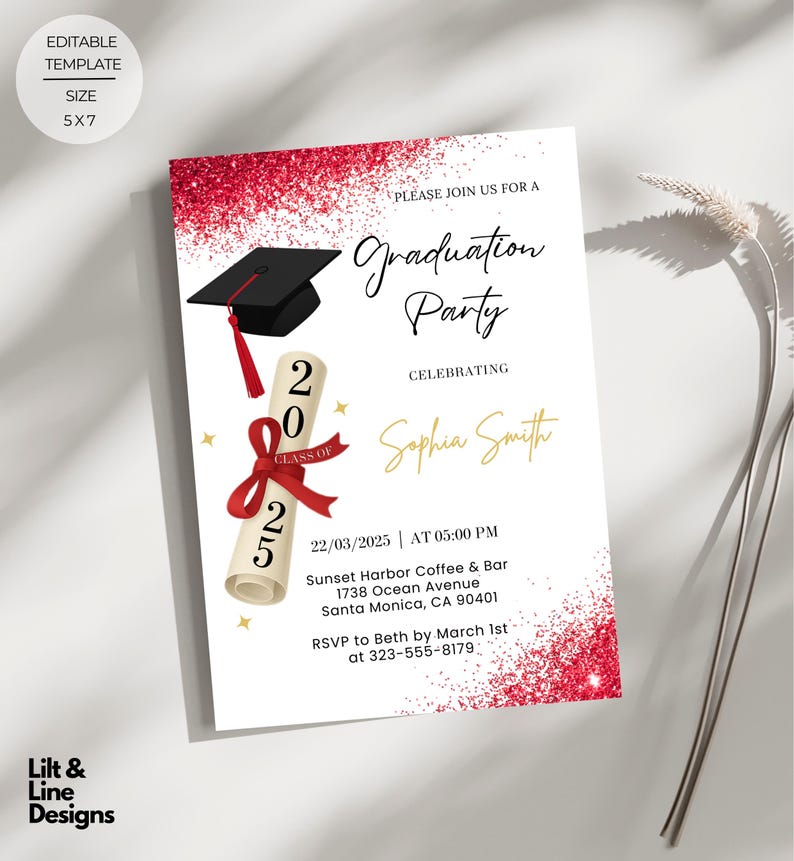 Editable Graduation Invitation 2026, Red Black Grad Party Invitation ...