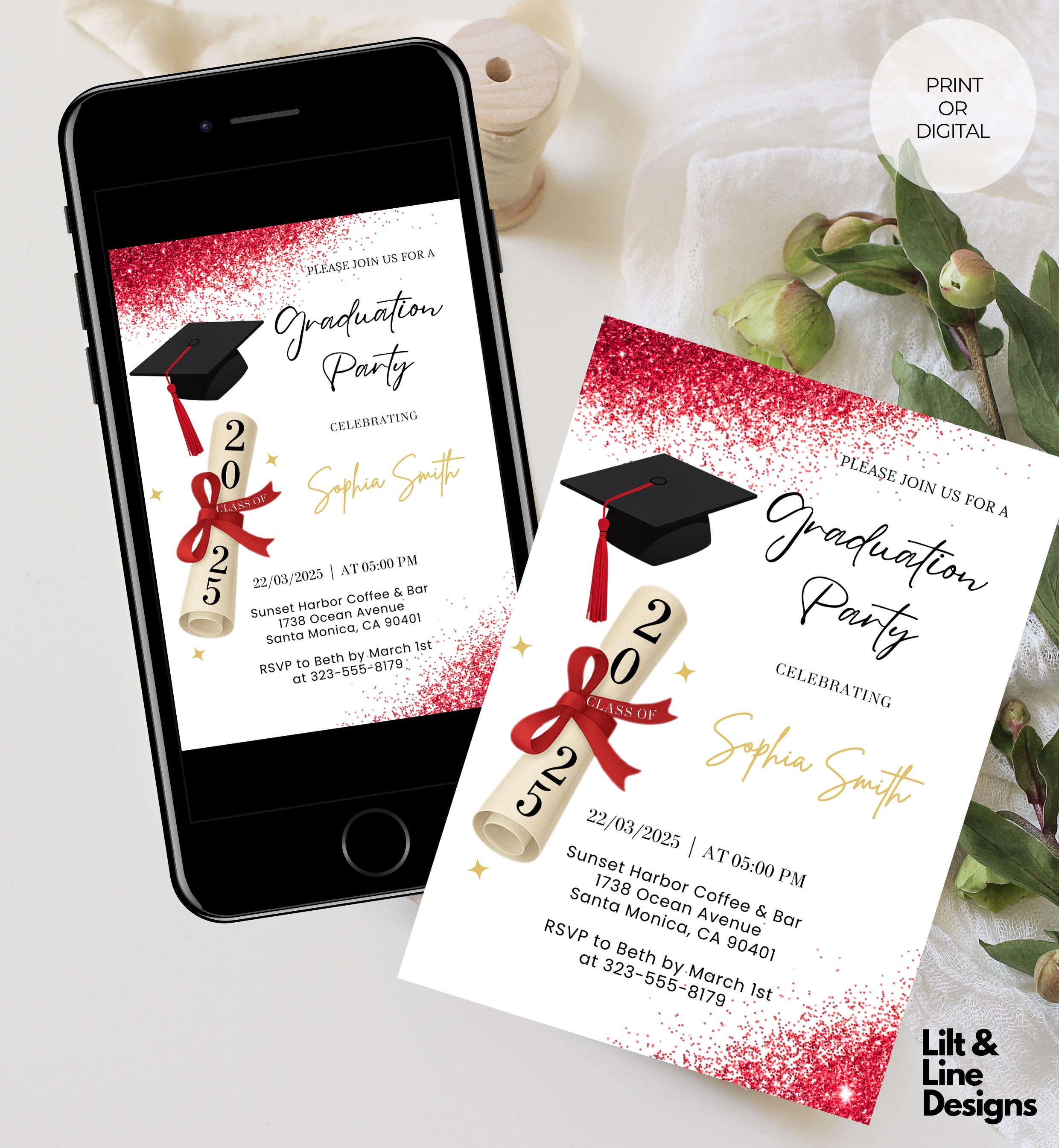 Editable Graduation Invitation 2026, Red Black Grad Party Invitation ...