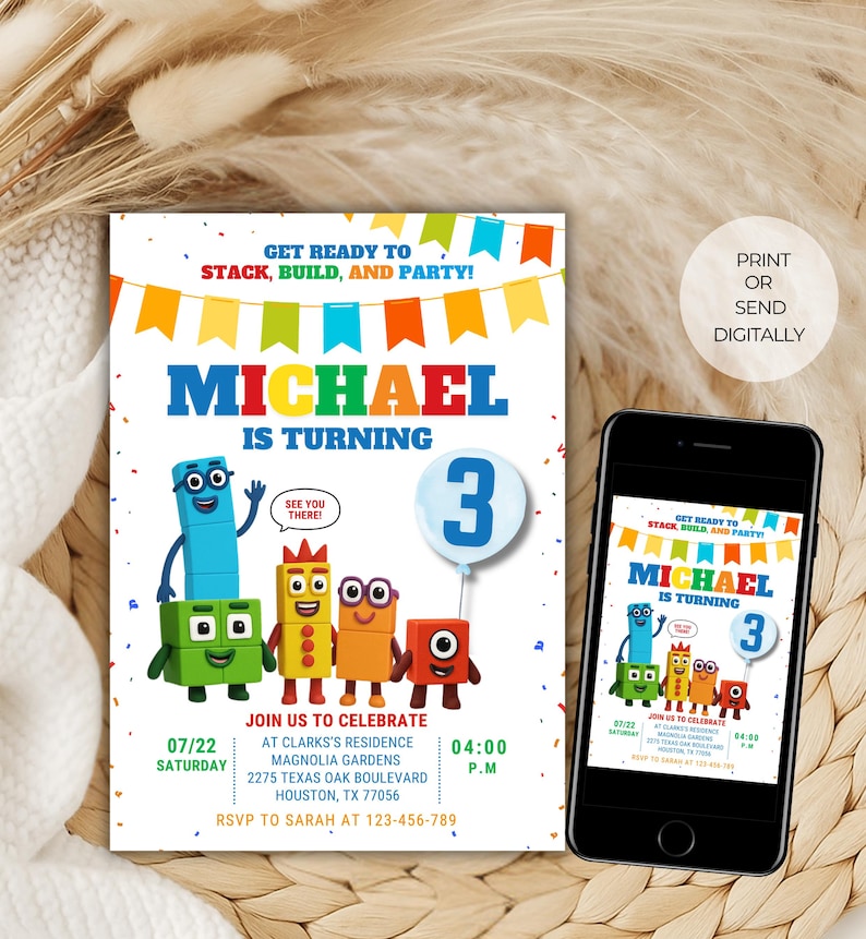 Editable Number Blocks, Birthday Invitation, Number Blocks Birthday ...