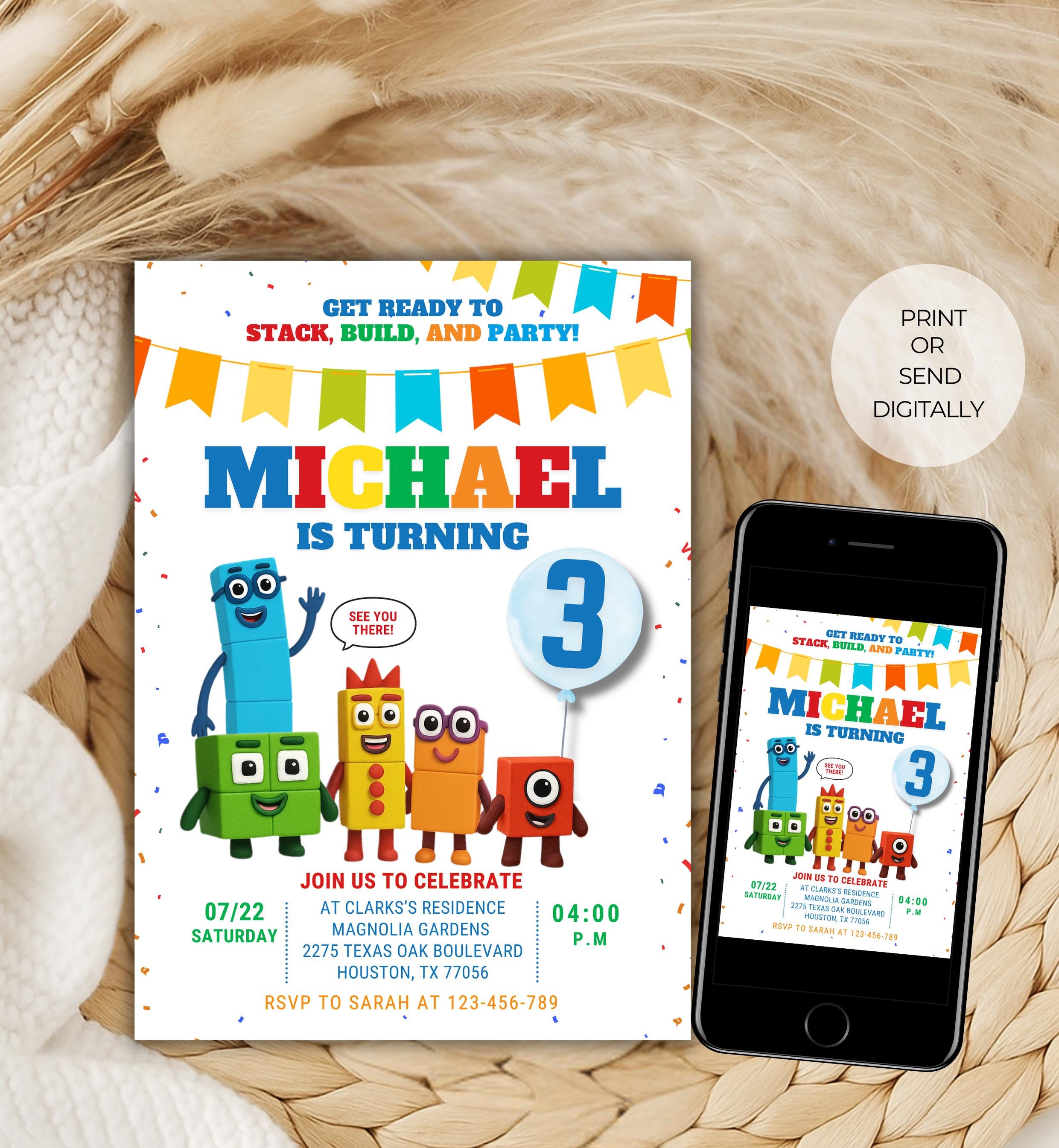 Editable Number Blocks, Birthday Invitation, Number Blocks Birthday ...