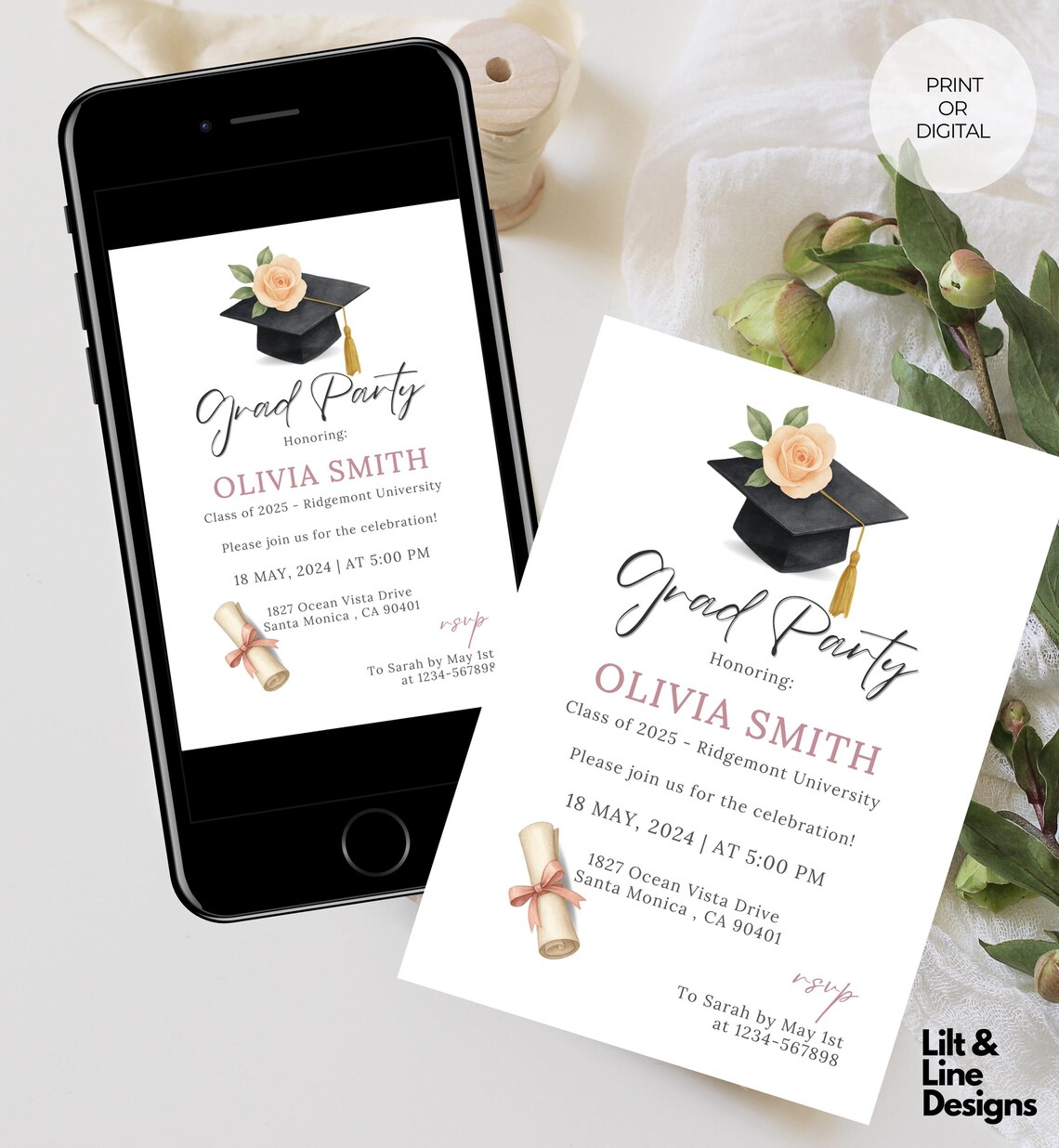 Graduation Party Invitation, Class of 2025 Invite, Floral Graduation ...
